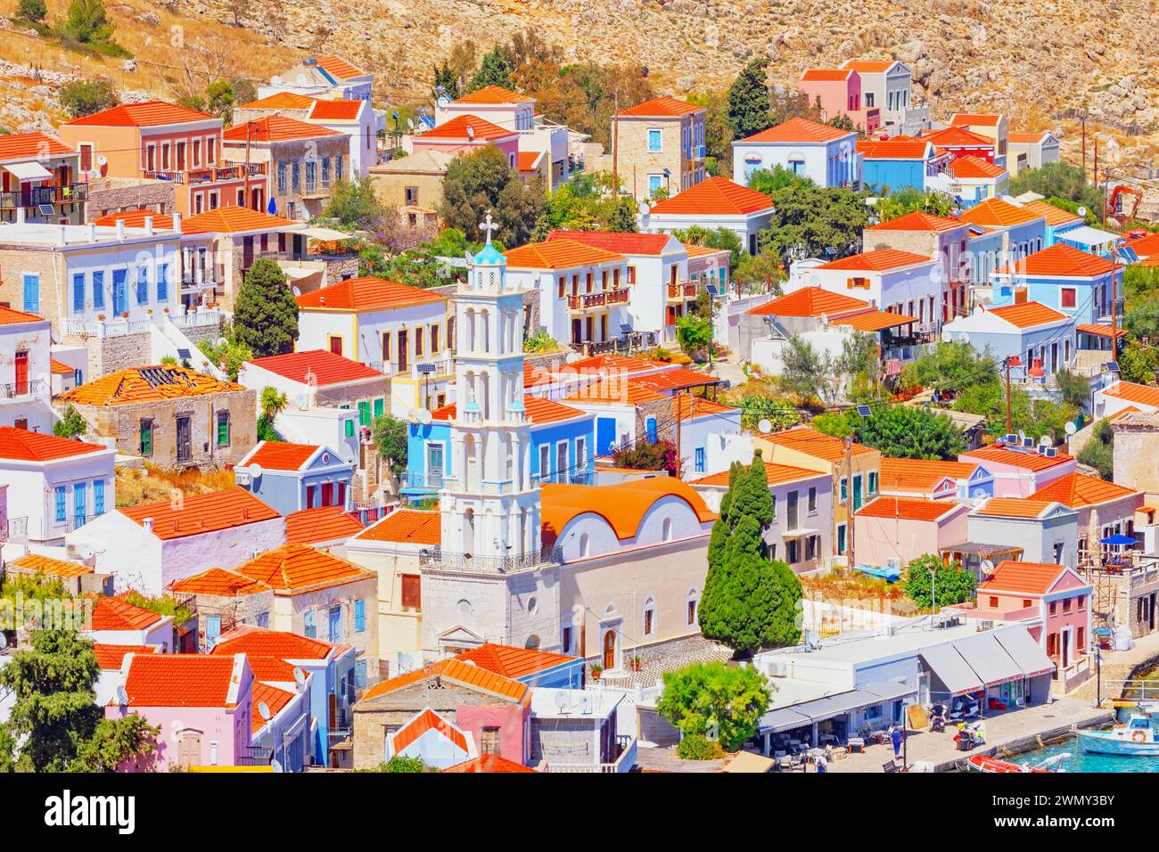 Greece, Dodecanese Islands, Halki Island, Emporio Town, view from the ...