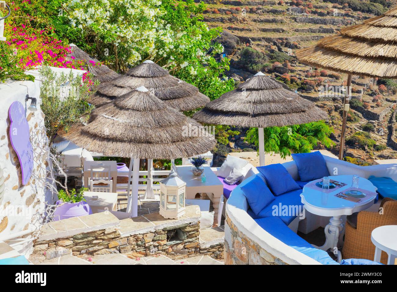Greece, Dodecanese islands, Sifnos island, Kastro open-air bar and ...