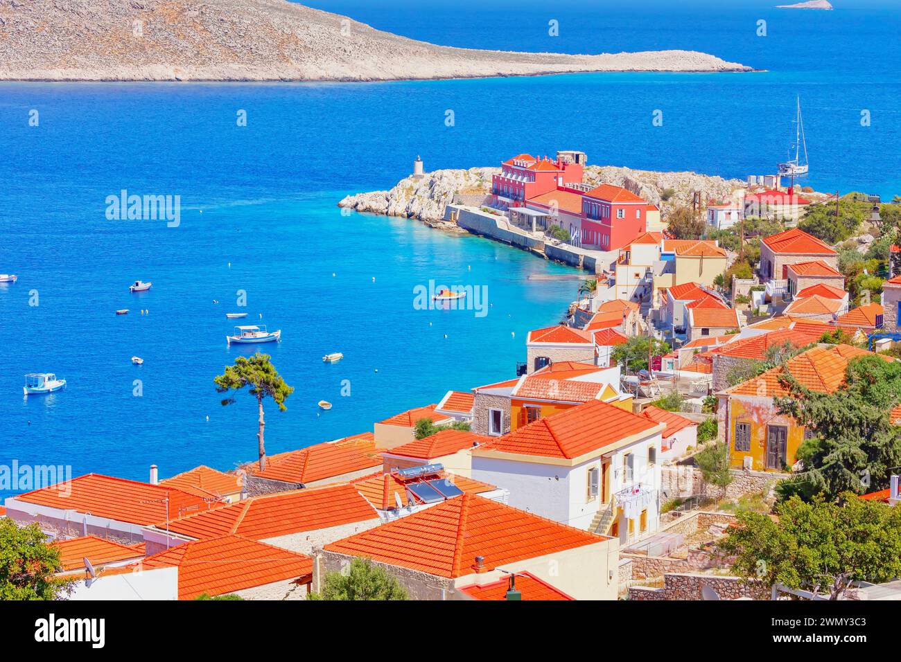 Greece, Dodecanese Islands, Halki Island, Port of Emporio, view from ...