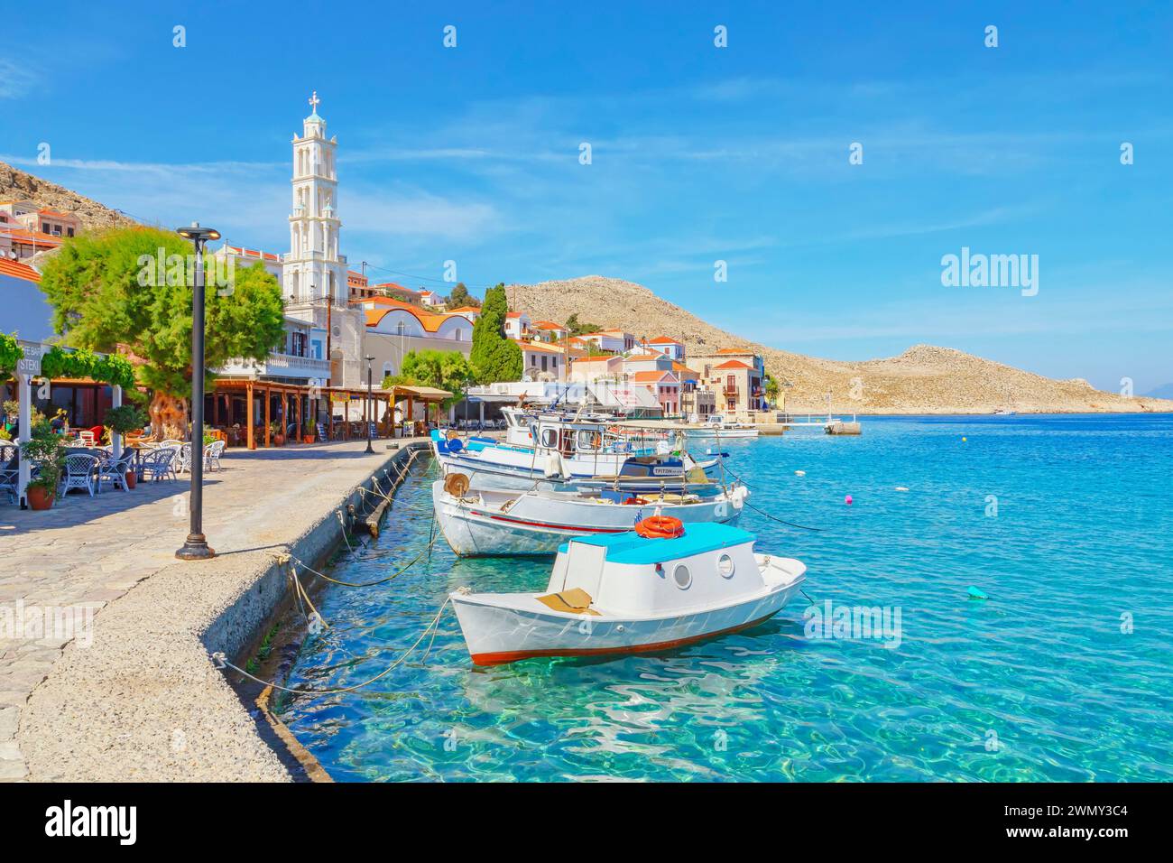 Greece, Dodecanese islands, Halki island, View of the port of Emporio ...