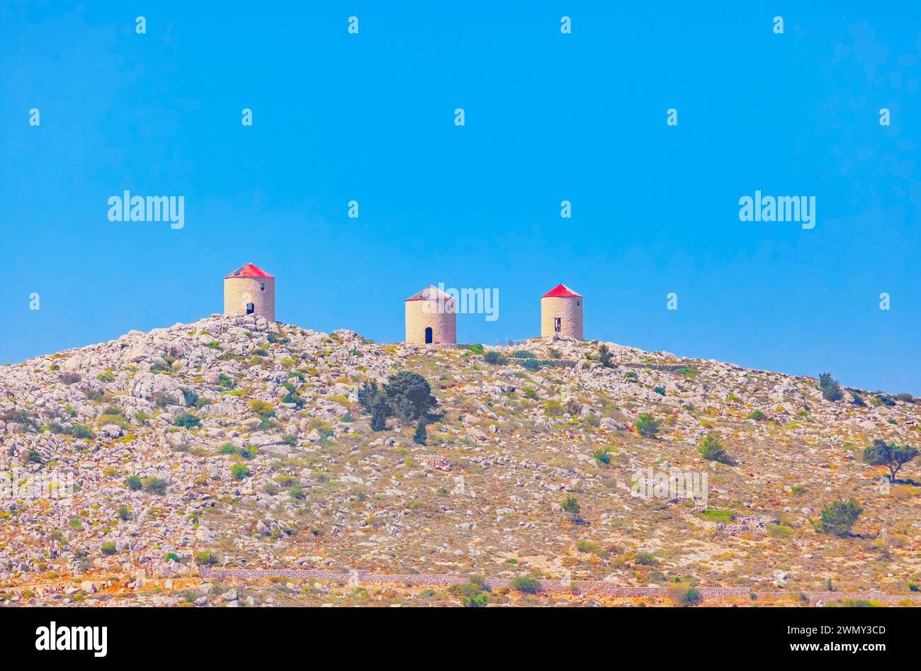 Greece, Dodecanese islands, Halki island, traditional windmills Stock ...