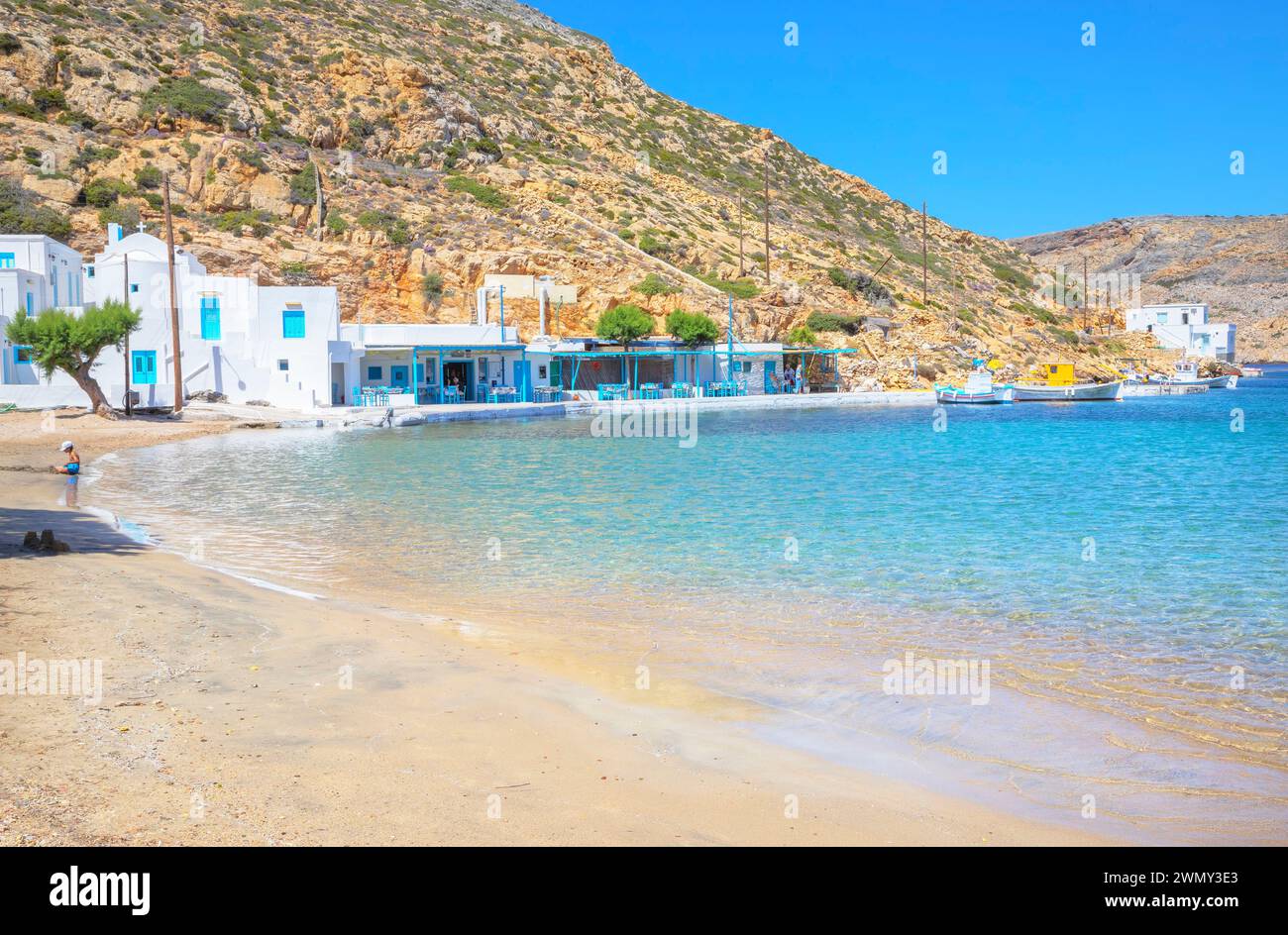 Greece, Dodecanese islands, Sifnos island, Beach of the fishing village ...