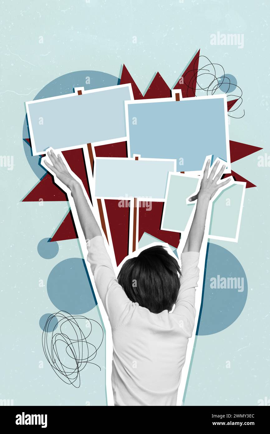 Concept of crowd people protestors collage image agitator leader raised ...