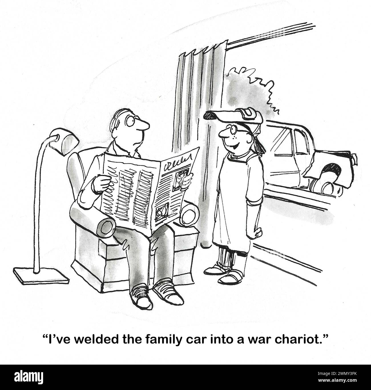 BW cartoon of a boy, wearing welder's uniform, tells father he has ...