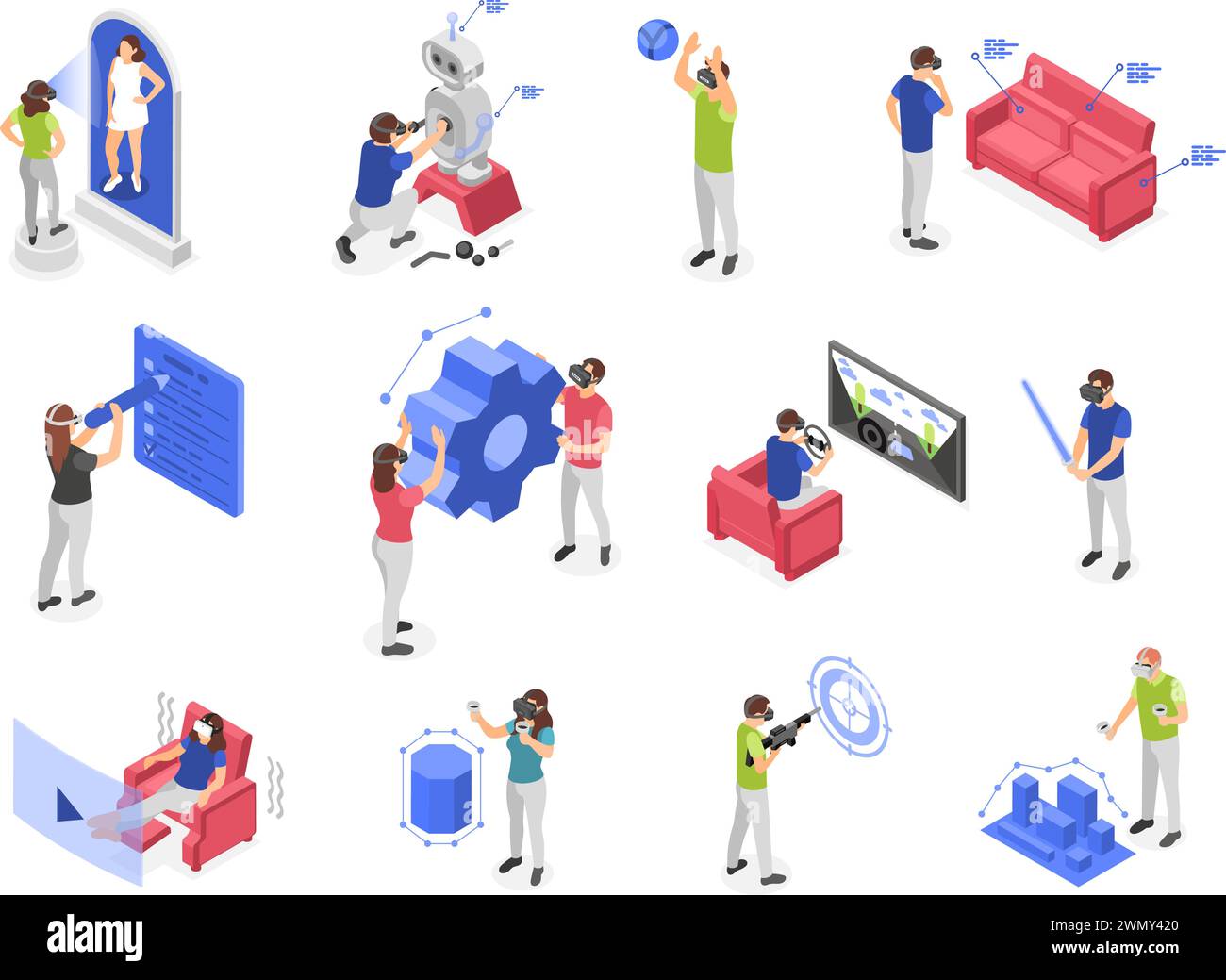 Isometric virtual reality technology. People using different gadgets in ...