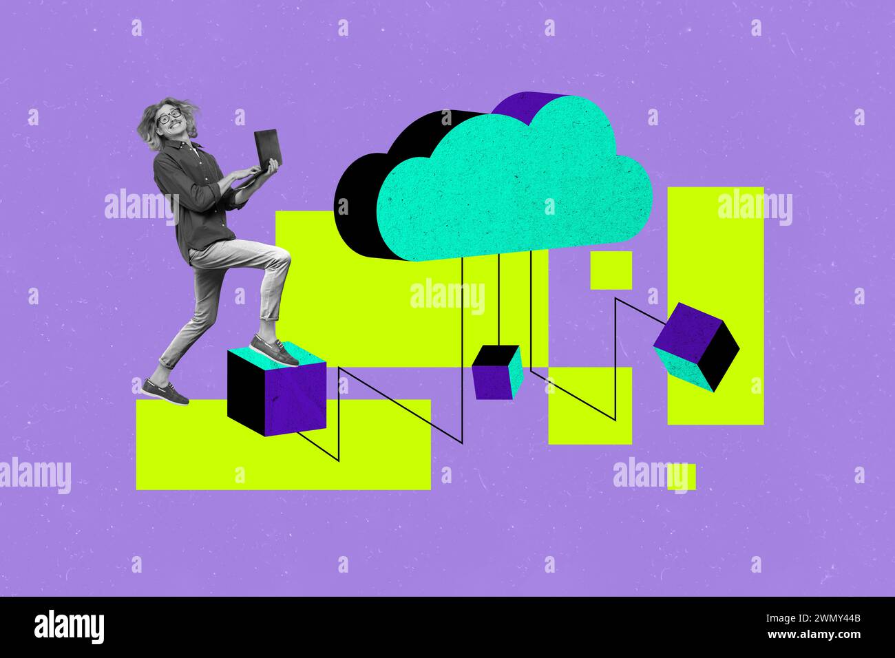 Creative photo collage picture yung crazy laughing man step cube ...