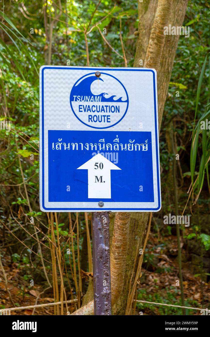Thailand, Krabi province, Koh Phi Phi Leh island, evacuation sign in ...