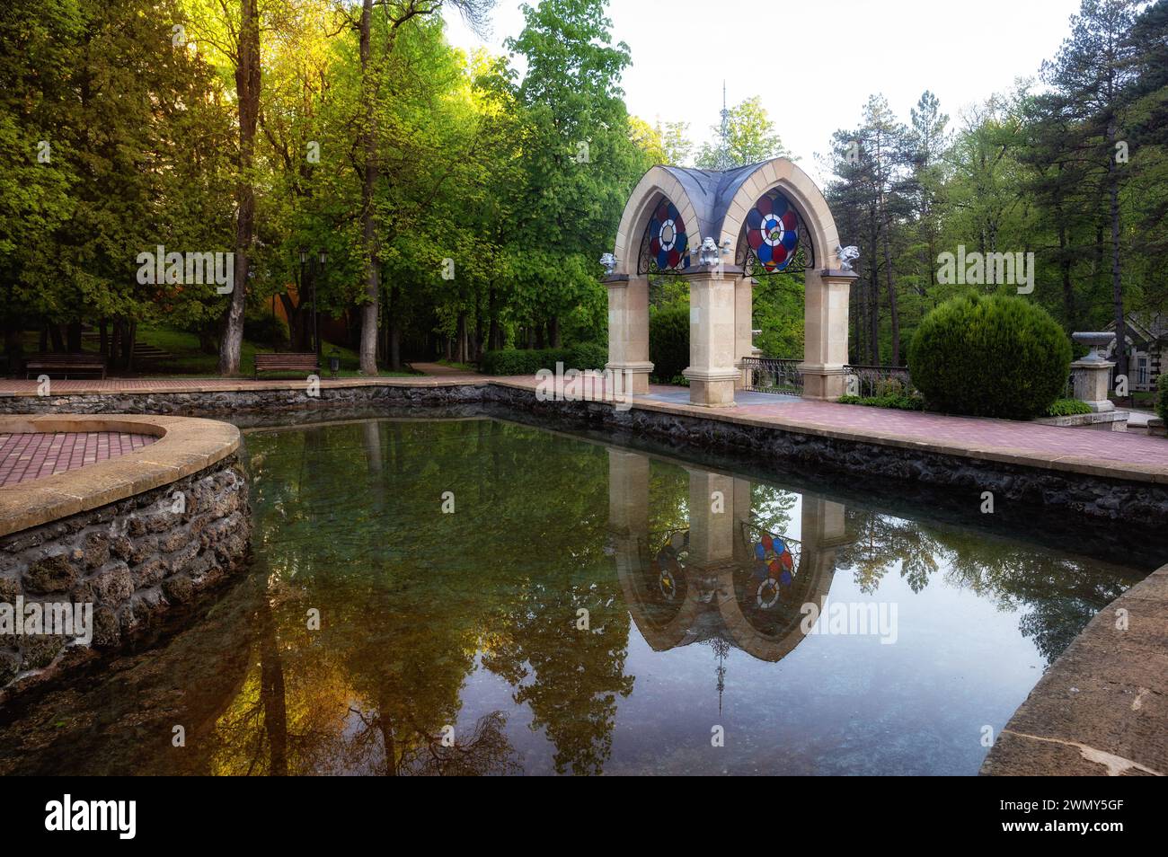 Mirror Pond and Glass Stream Pavilion in the resort park. Kislovodsk ...