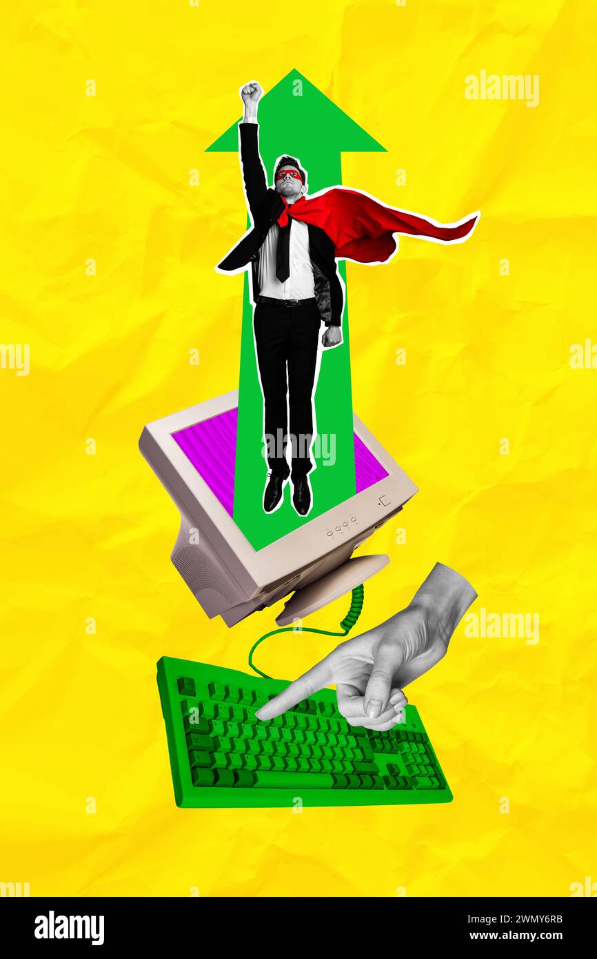 Collage image of man super hero in costume flight up fist raised ...