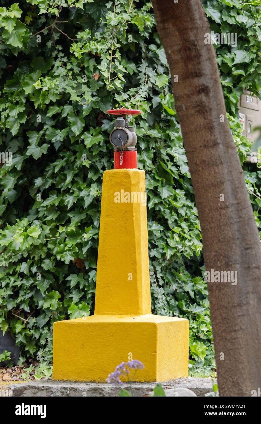 Unusual red fire hydrant on large concrete yellow pole, against ...