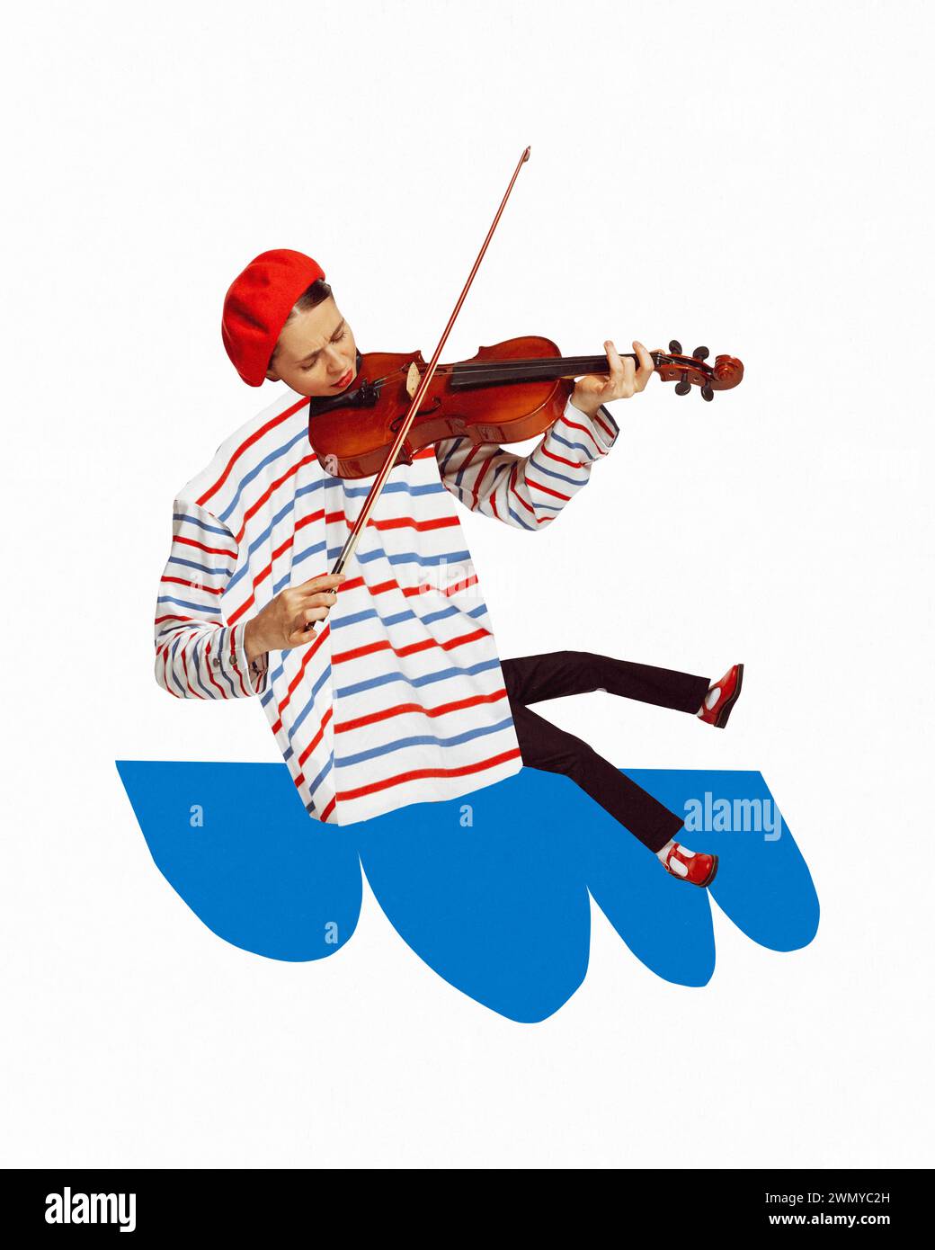 Poster. contemporary art collage. Young woman with huge body playing ...