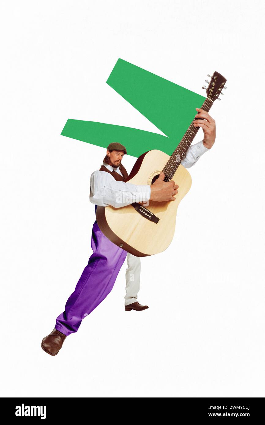 Poster. contemporary art collage. Talented man with long legs and arms ...