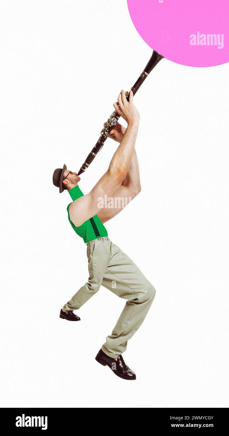 Poster. contemporary art collage. Young man with big arms virtuously ...