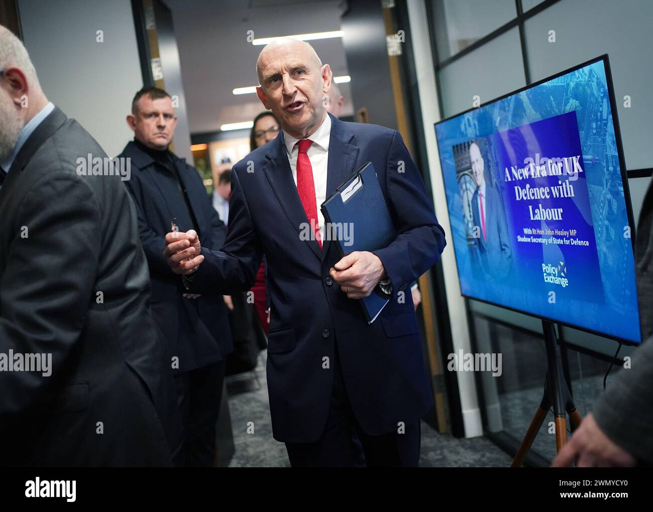 Shadow defence secretary John Healey departs after discussing Labour's ...