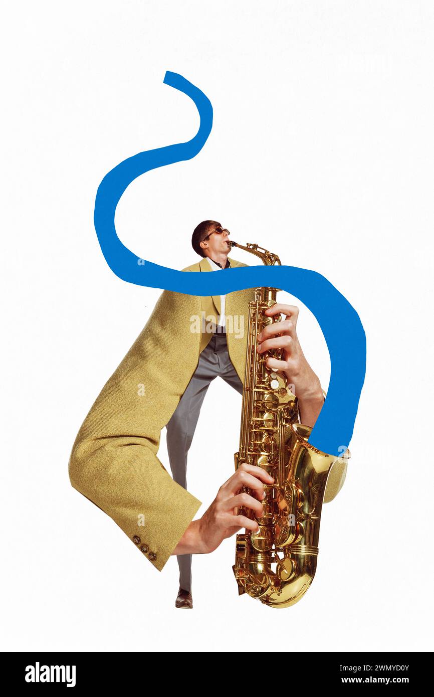 Poster. contemporary art collage. Artistic man with long arms ...