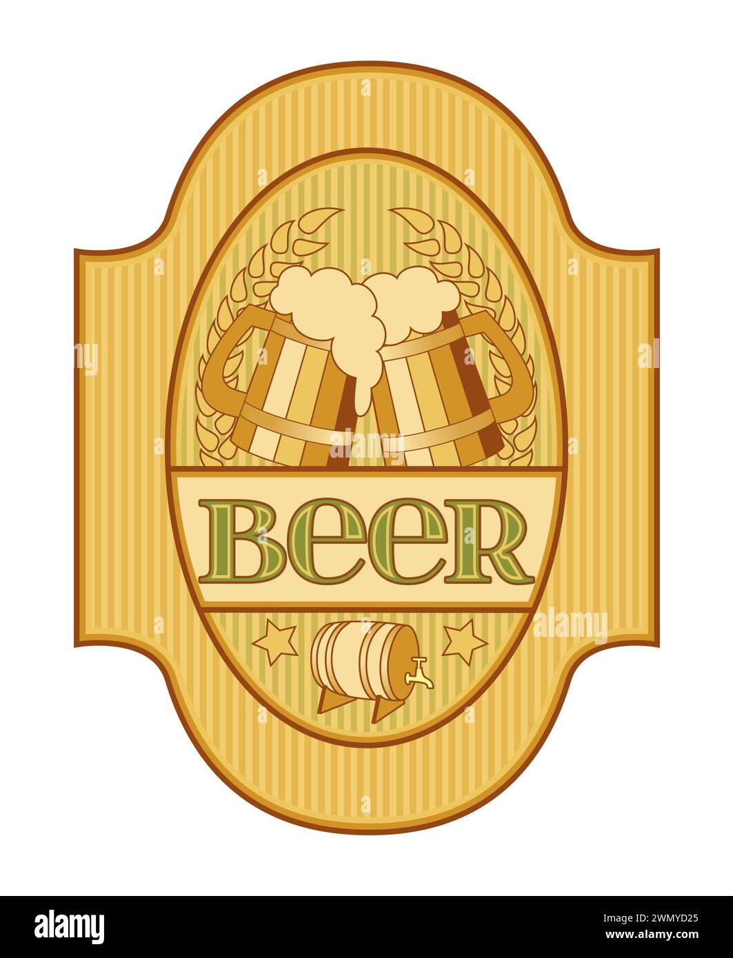 Beer label design with beer mugs, beer barrel and wheat Stock Vector ...