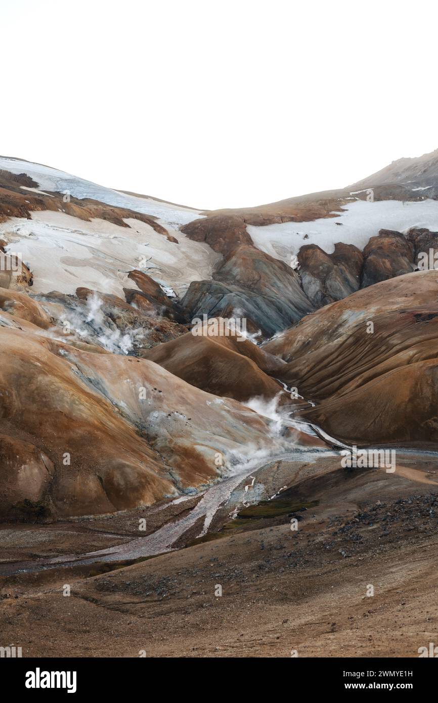 A striking geothermal landscape with steaming vents at Kerlingarfjöll ...
