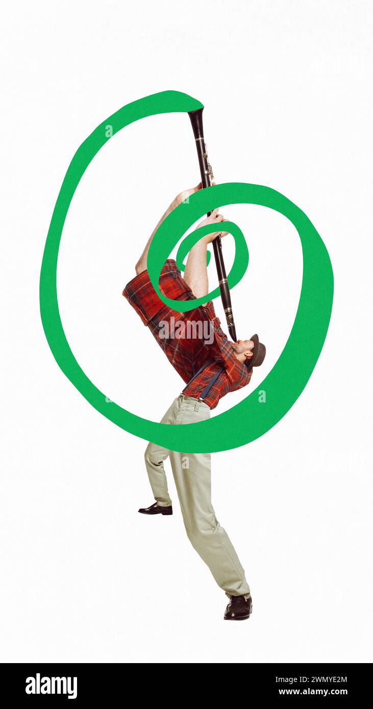 Poster. Modern aesthetic artwork. Man playing clarinet and from musical ...