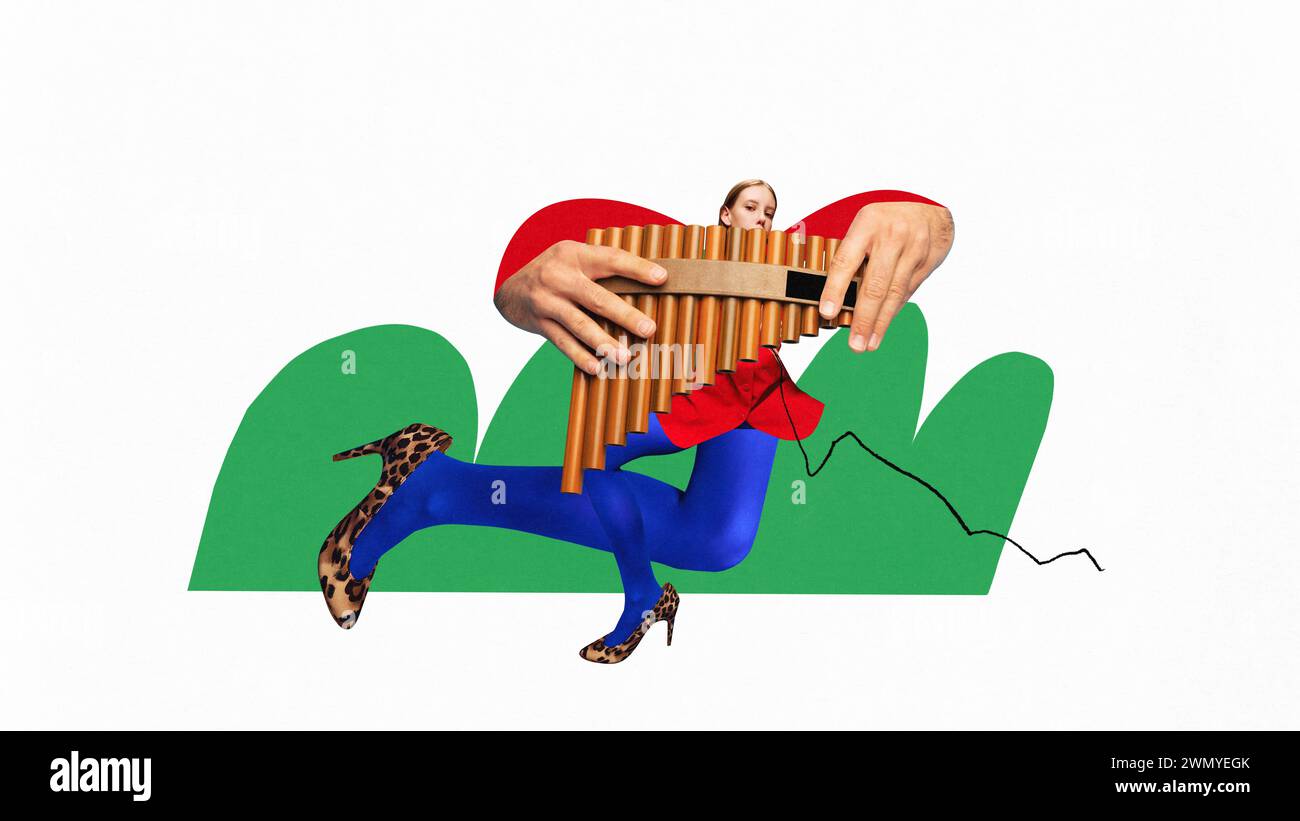 Poster. Modern aesthetic artwork. Young woman in vivid outfit playing ...