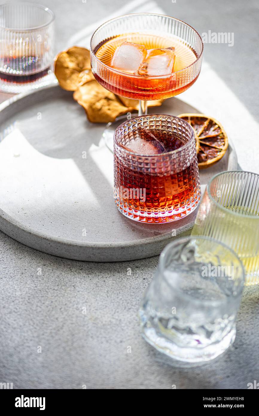 A curated selection of alcoholic beverages artfully arranged on a ...