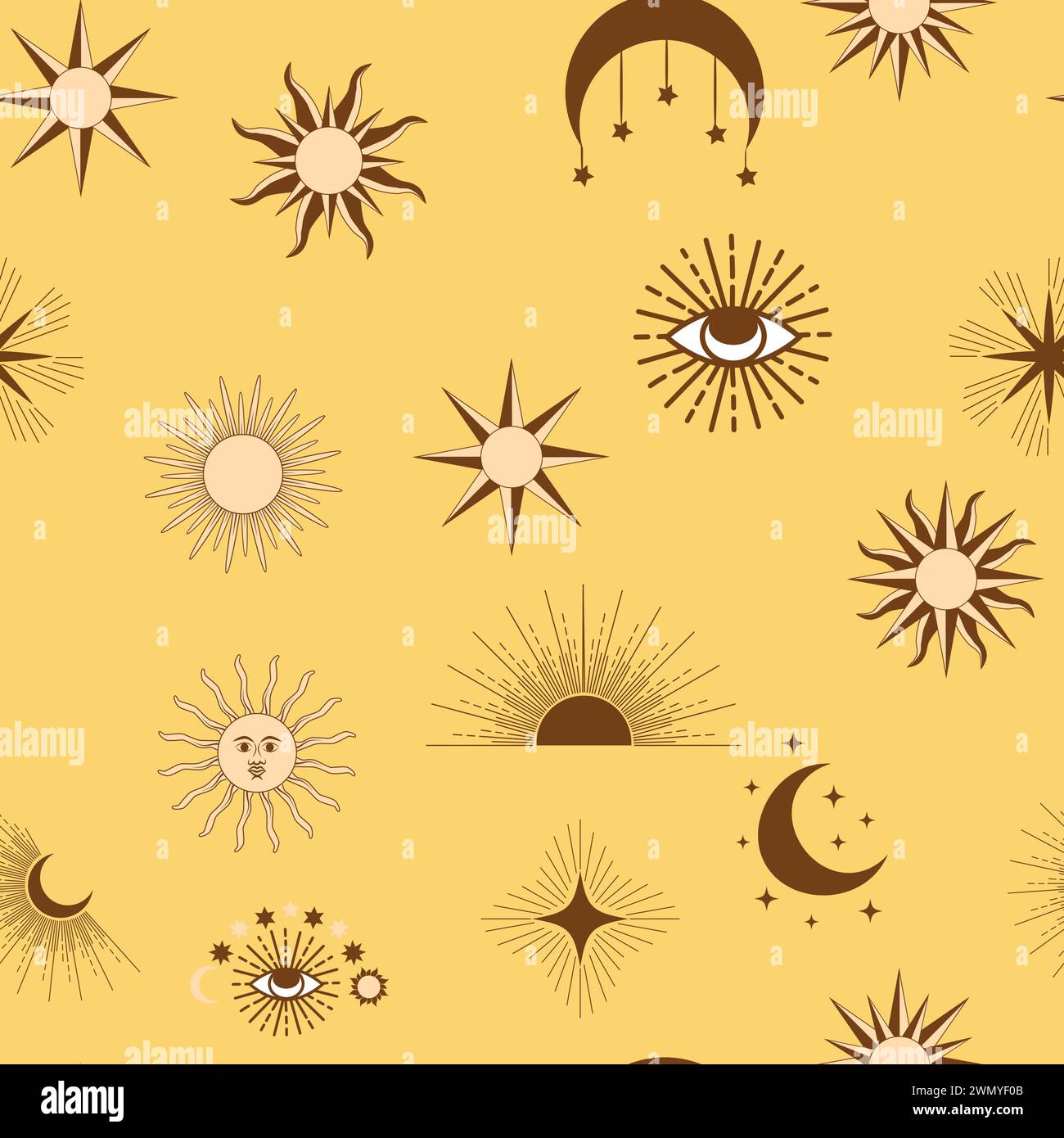 Magic seamless pattern with constellations, sun, moon, magic eyes ...