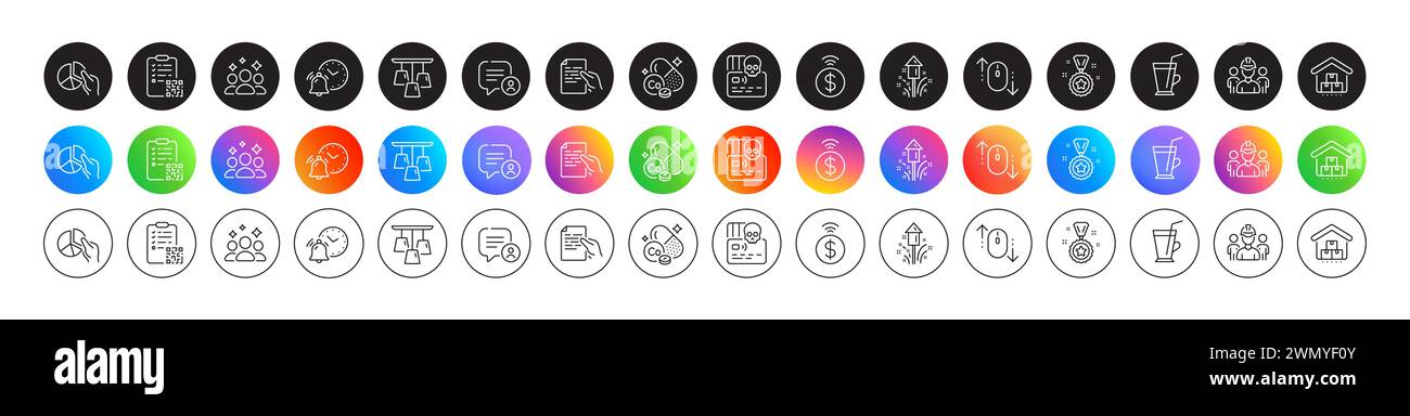 Ceiling lamp, Squad and Cyber attack line icons. For web app, printing. Round icon buttons ...