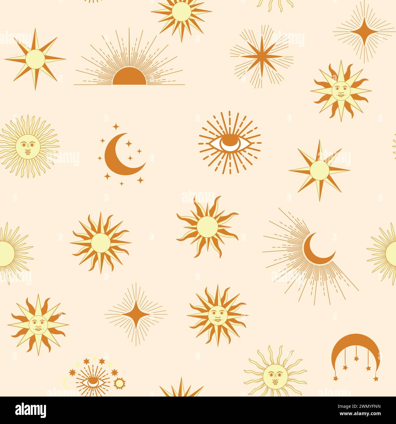 Magic seamless pattern with constellations, sun, moon, magic eyes ...