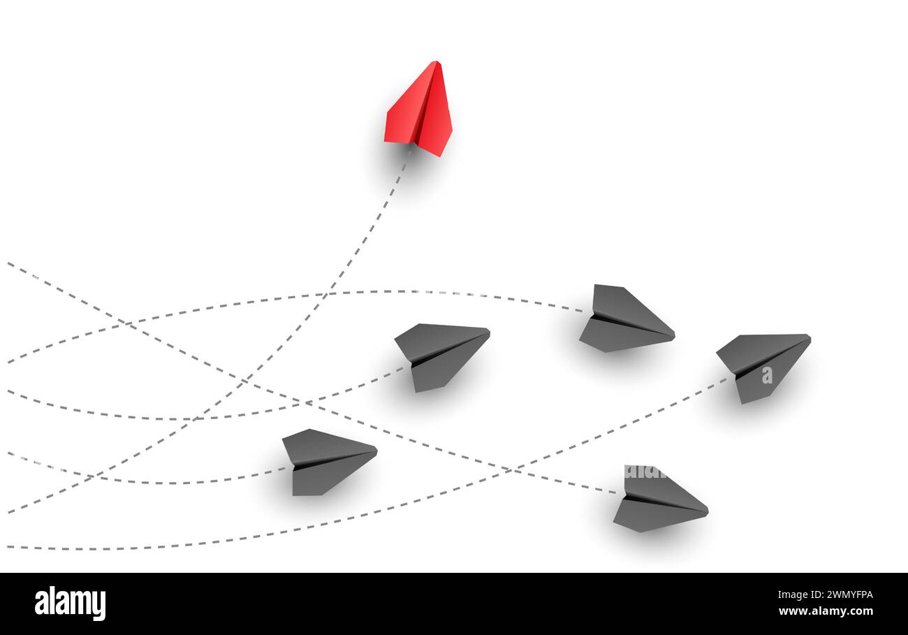 Individual and unique leader red paper plane flies to the side ...