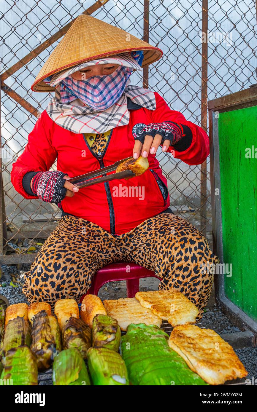 Vietnam, Mekong Delta, Tra Vinh, rice and banana specialty cooked on ...
