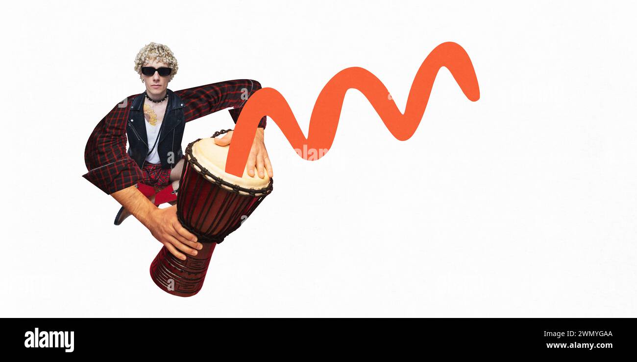 Poster. Modern aesthetic artwork. Man in kilt and glasses playing on ...