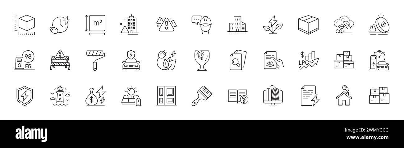 Building warning, Package size and Wholesale inventory line icons. For ...