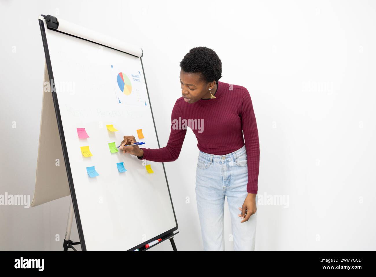 Young woman presenting a business strategy with colorful sticky notes ...