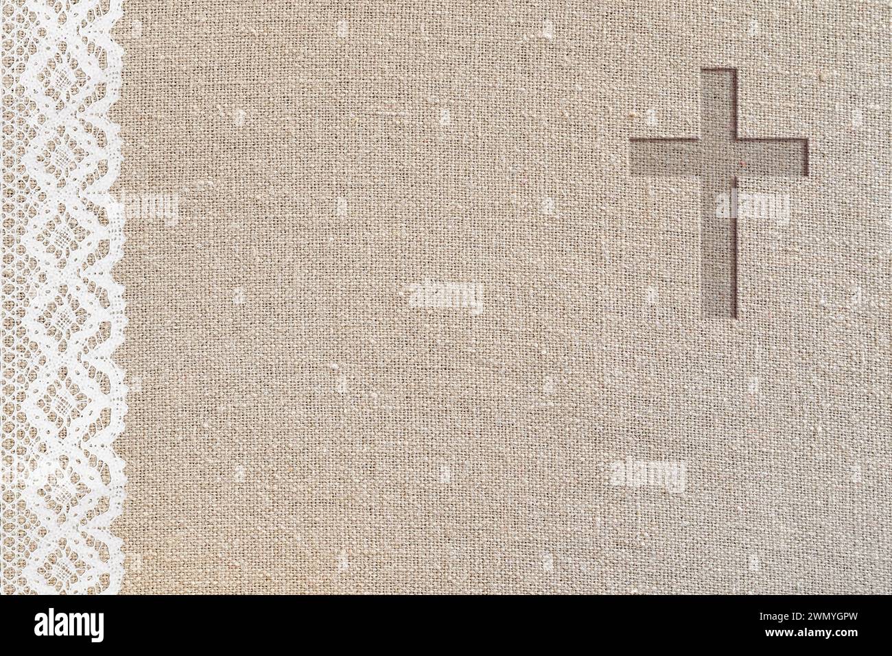 Brown Christian religious design with brown fabric with engraved cross ...