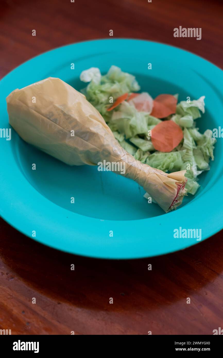 A fake chicken drumstick made from a twisted plastic bag accompanied by ...