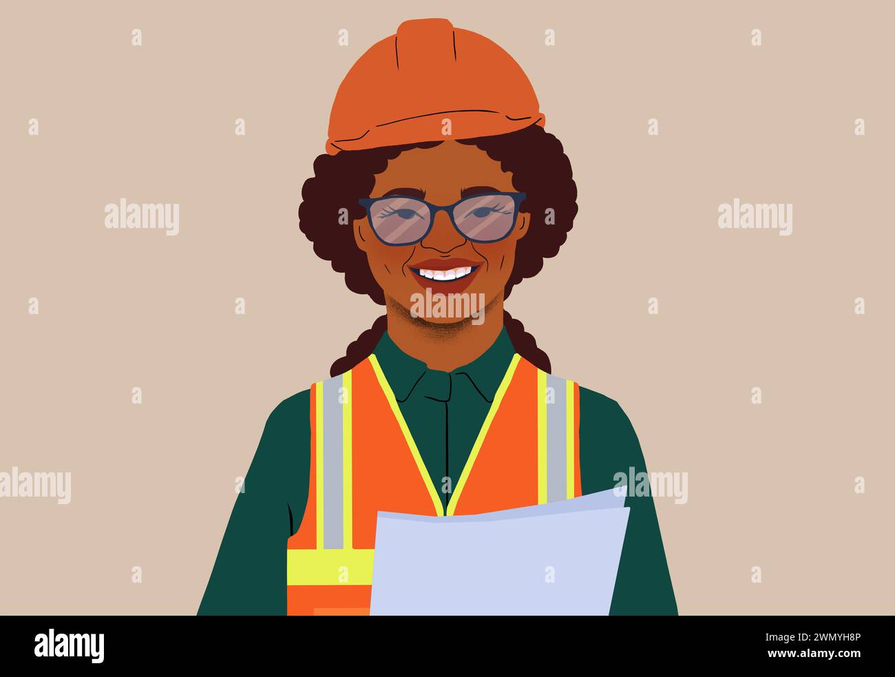 Illustrated portrait of a confident, smiling female engineer clad in a ...