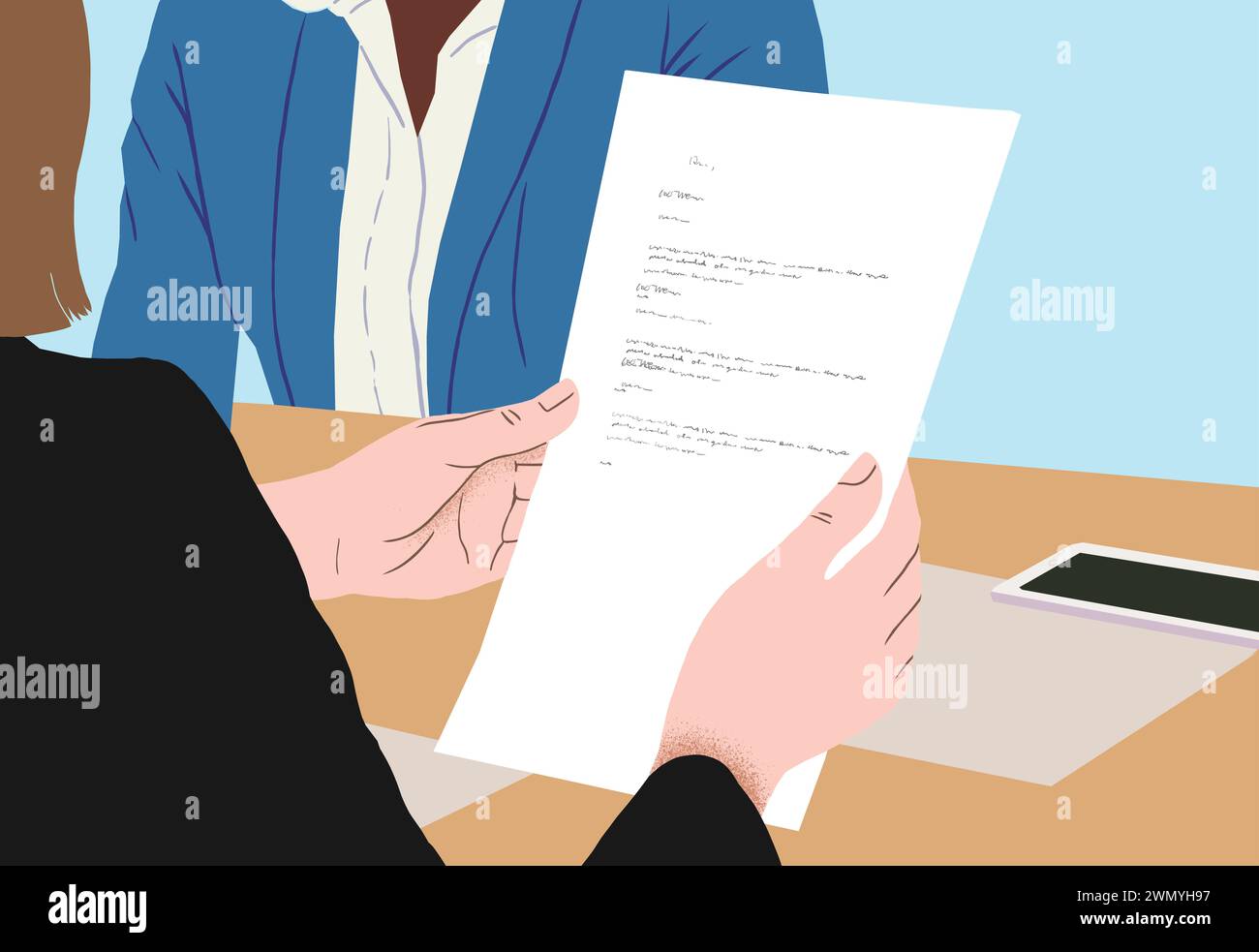 Two professionals in a meeting, shaking hands over a document to ...