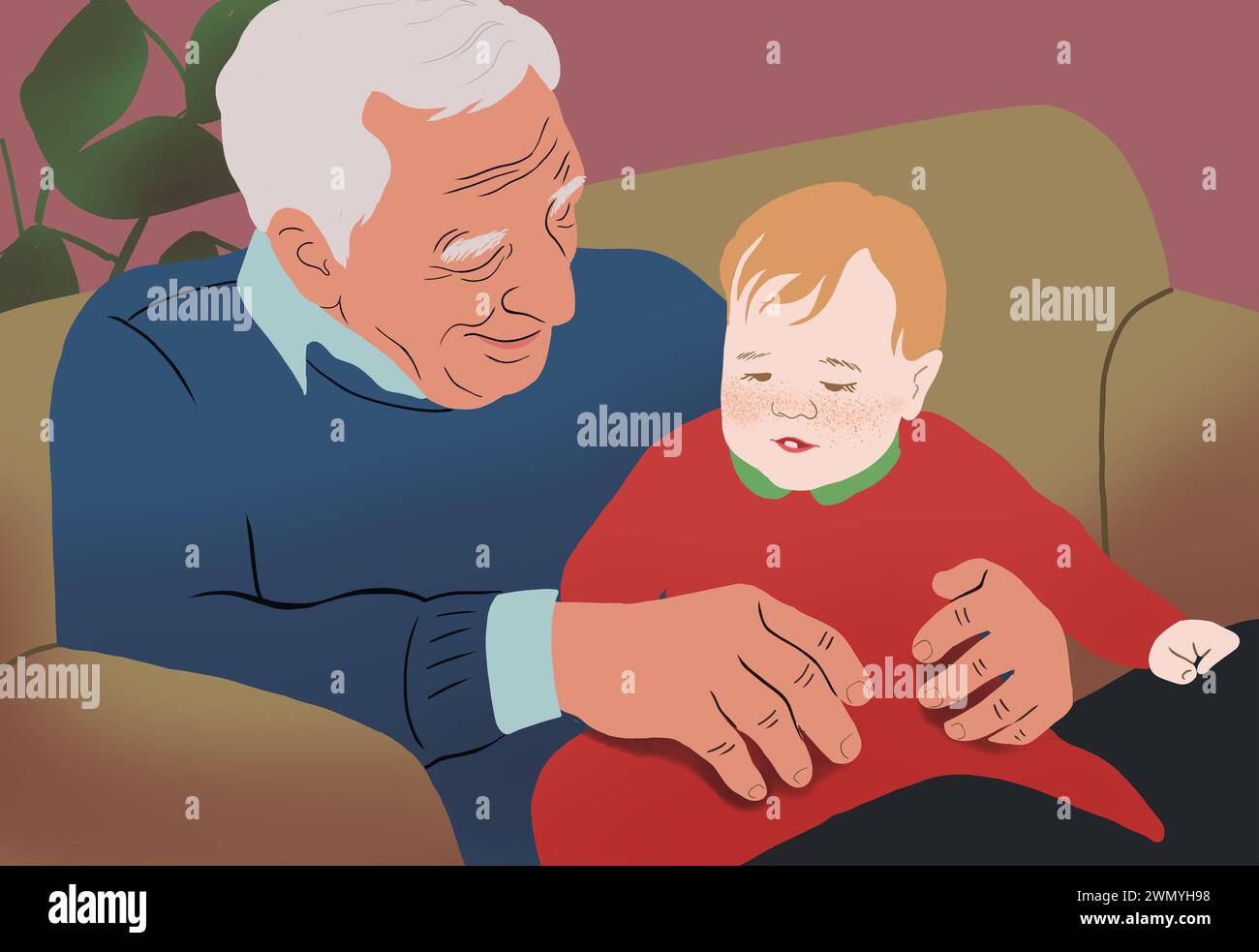 An elderly man smiles warmly as he watches his young grandson sleep ...