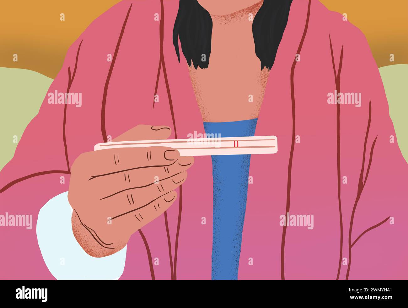 Illustration of a woman holding a positive pregnancy test, with a focus ...