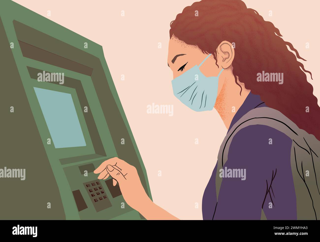 A digital illustration of a young woman with curly hair wearing a face ...