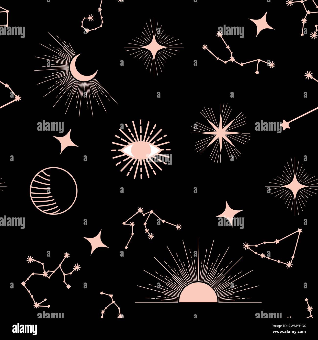 Magic seamless pattern with constellations, sun, moon, magic eyes, clouds and stars. Mystical ...