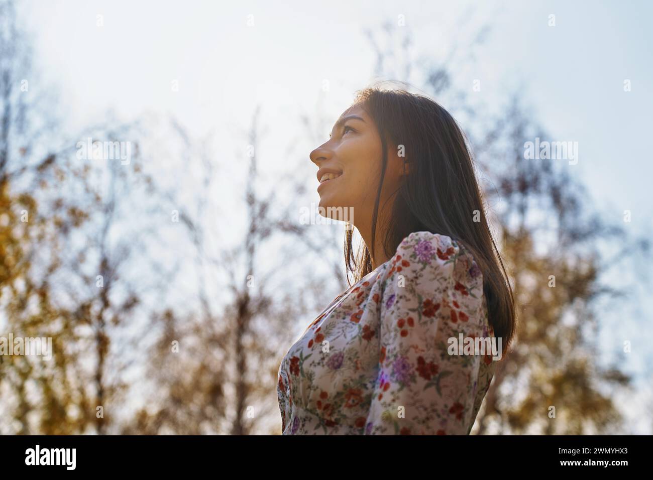 From below ethnic woman enjoys a serene moment in a sunny California ...
