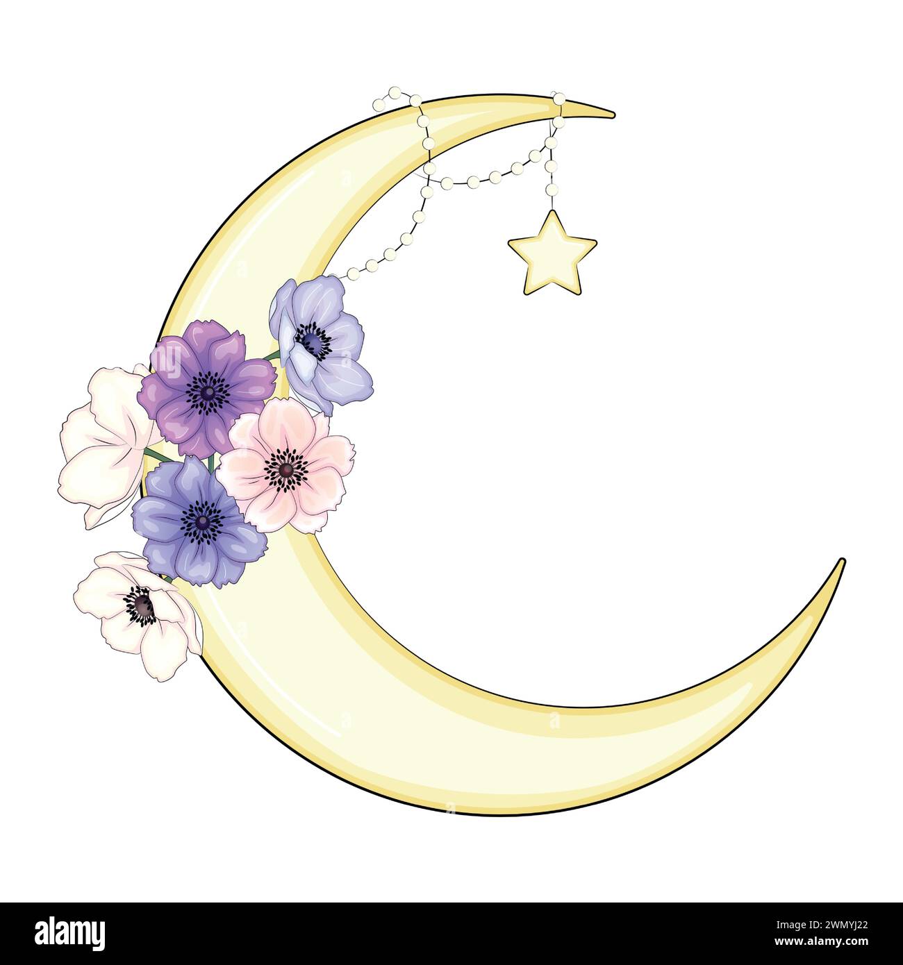 Crescent moon decorated with flowers, leaves anemone, peony, magnolia ...