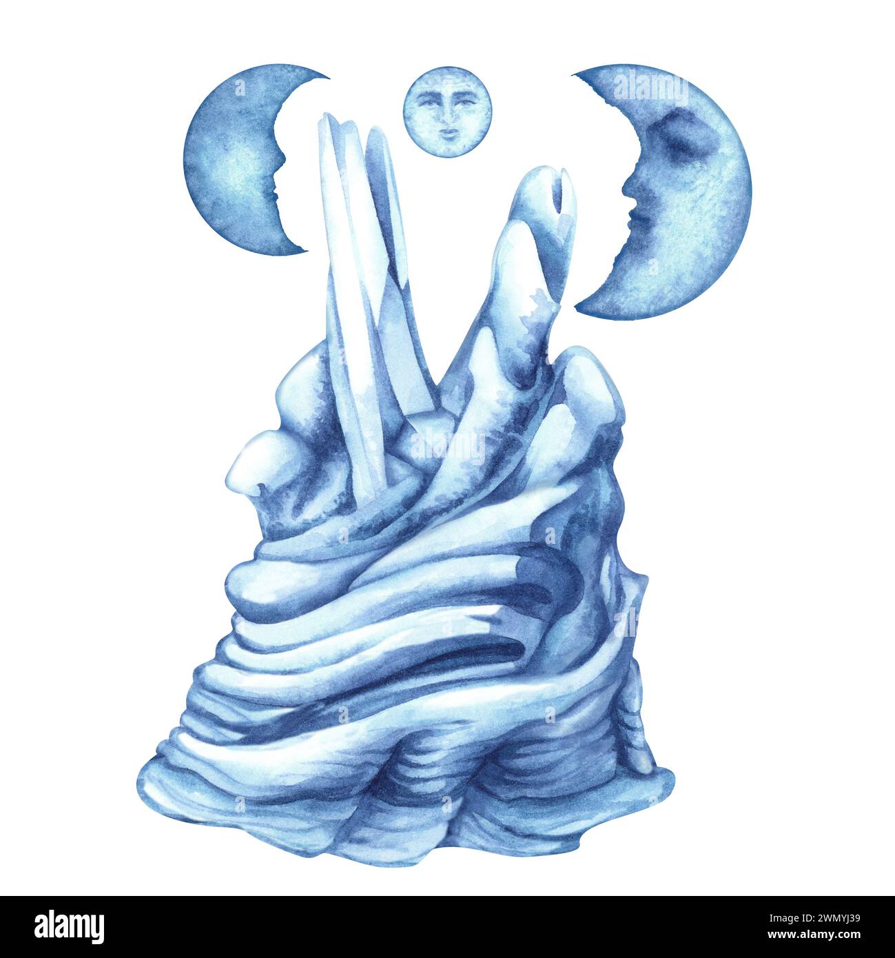 Watercolor blue crystal iceberg with magic moons for template and ...