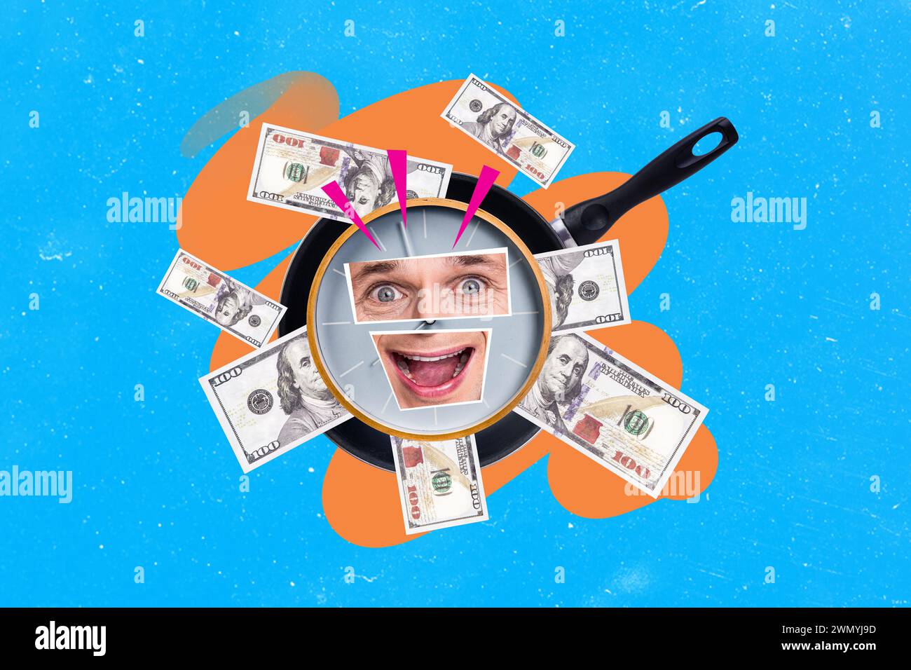 Creative absurd picture of young shocked guy face amazed reaction ...