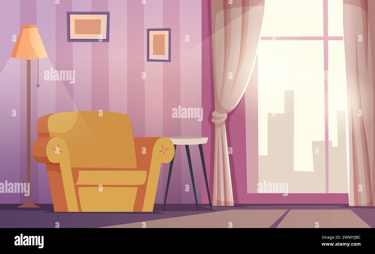 Interior light room with big window and armchair vector cartoon ...