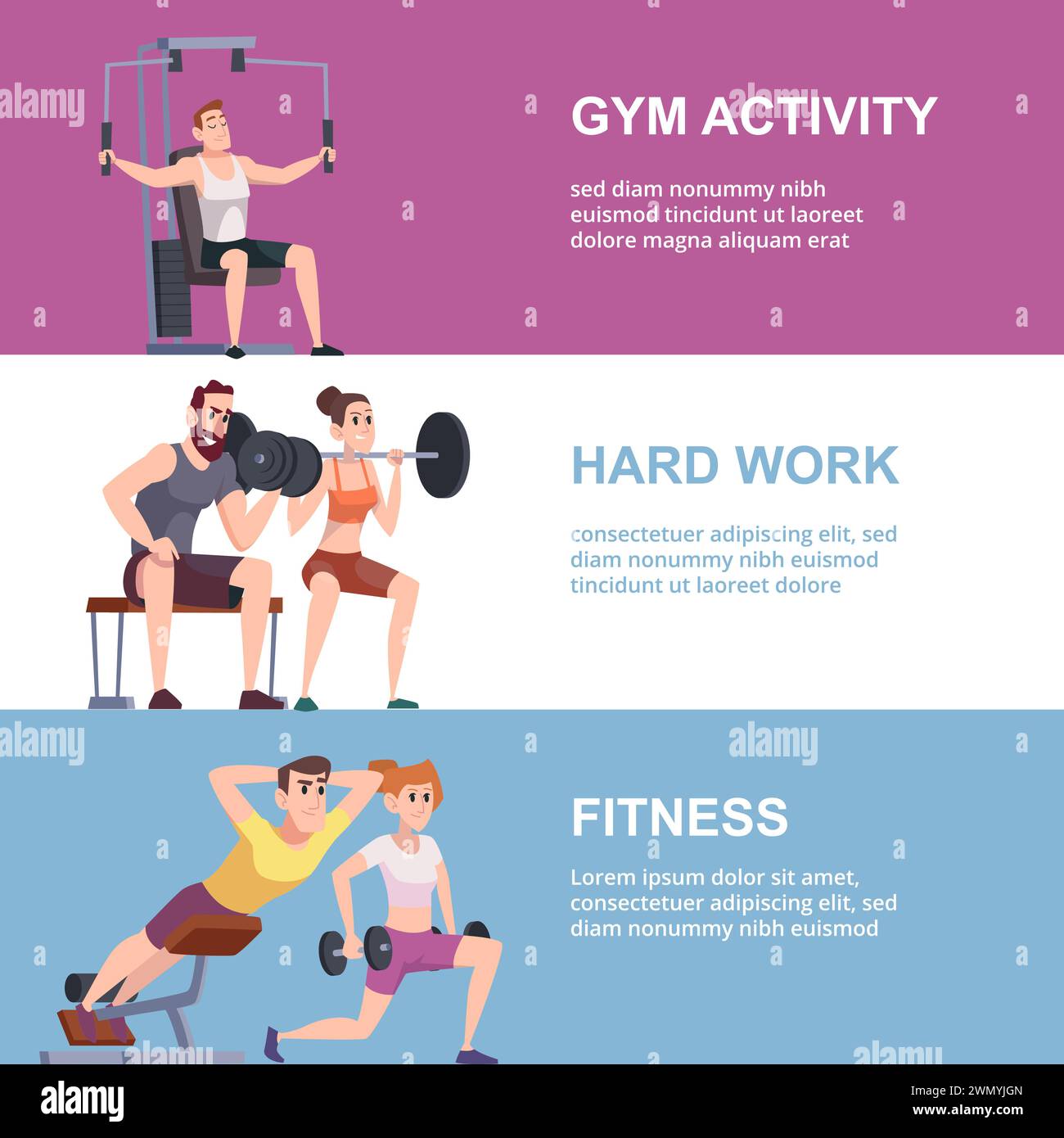 Fitness activities banners gym athletes making exercises Stock Vector ...