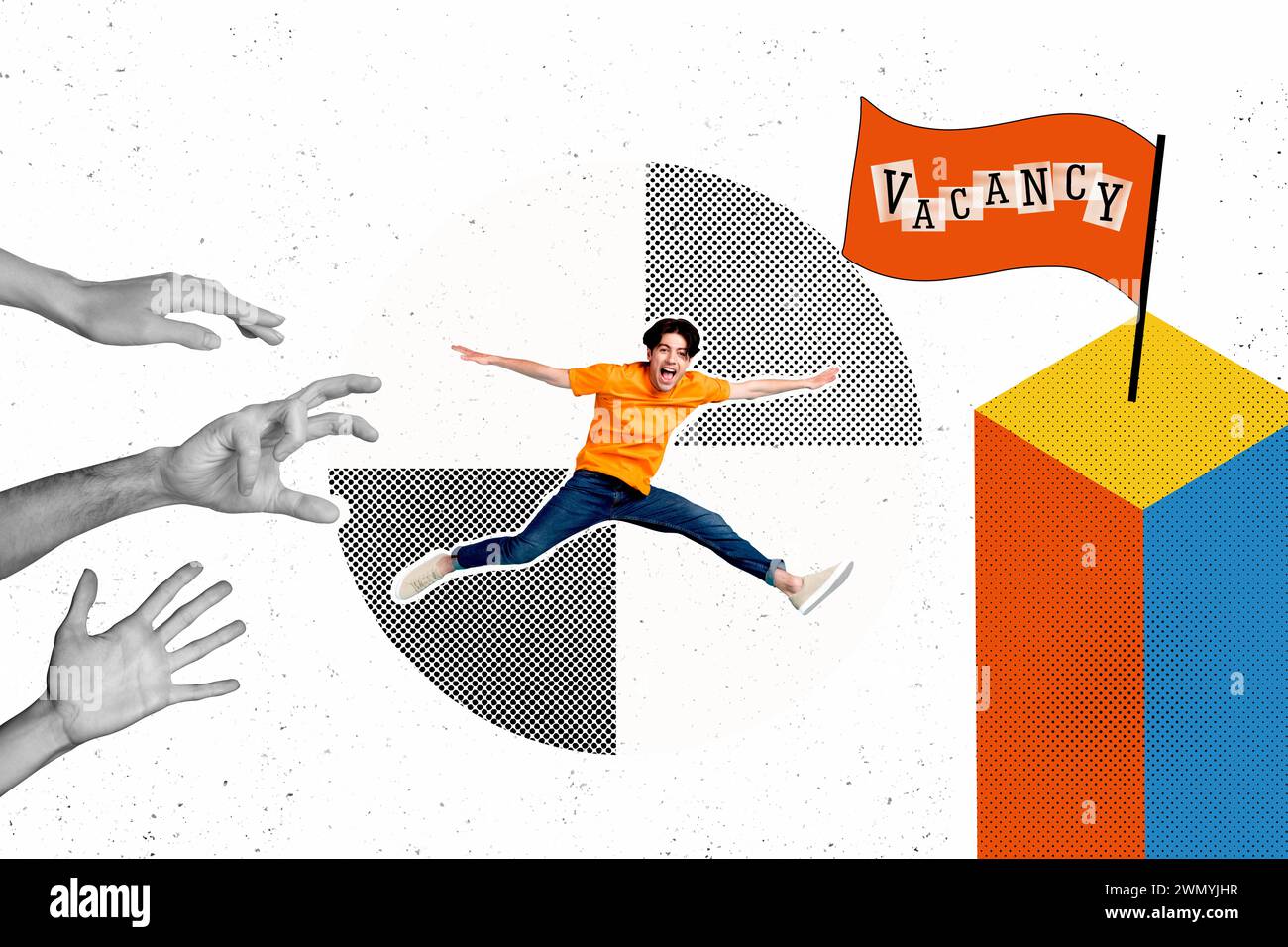 Collage image of black white effect people arms catch overjoyed mini ...