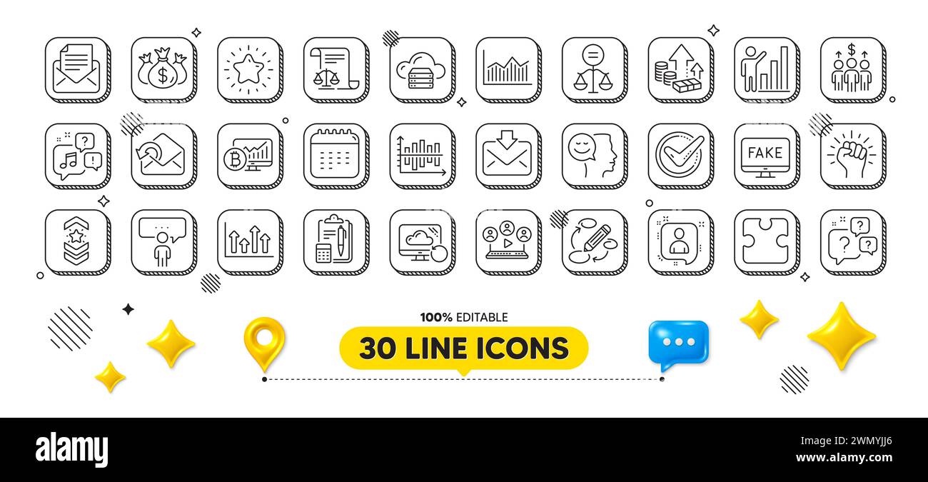 Inflation, Video conference and Keywords line icons pack. For web app. 3d design elements ...