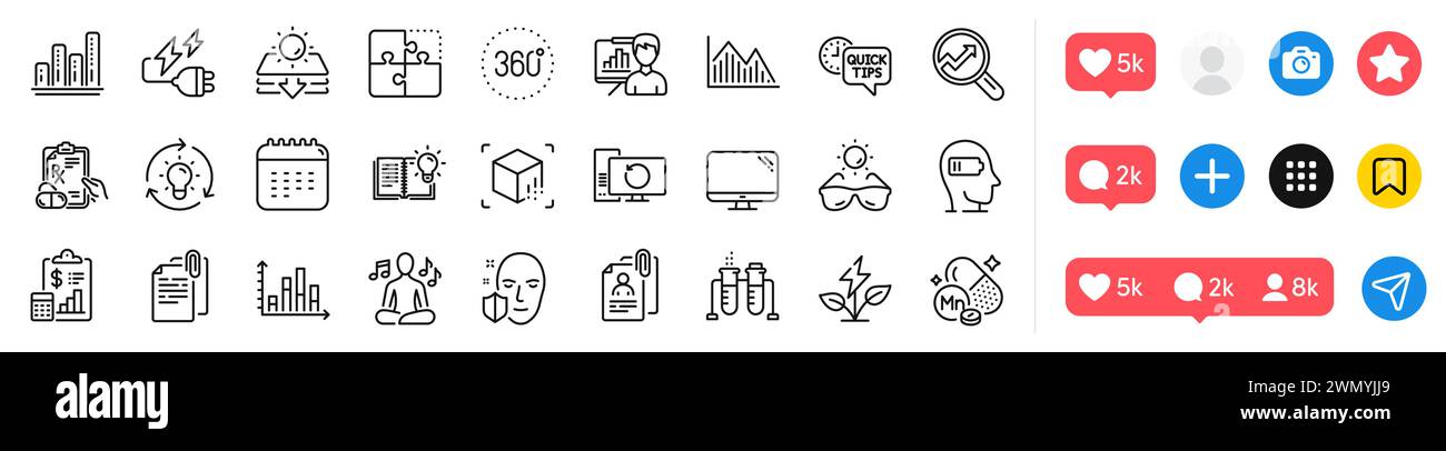 Electricity plug, Report and Diagram graph line icons pack. For web app. Social media icons ...