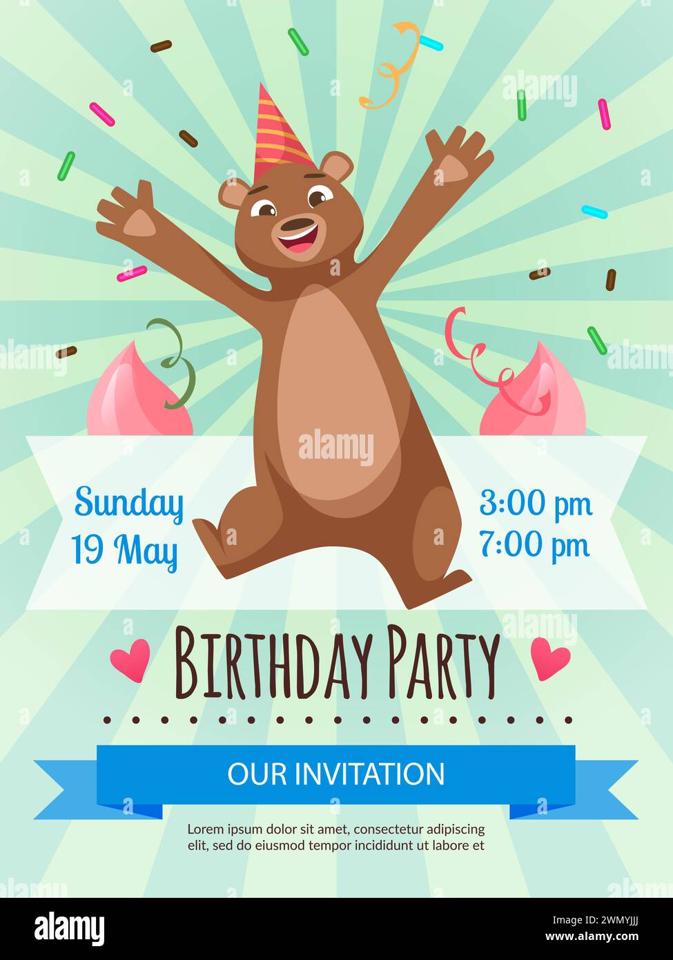 Kids party invitation poster template with funny happy bear and place ...